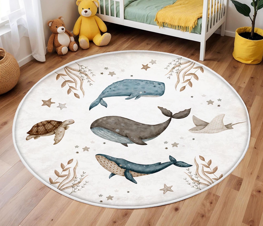 Playful Fish Nursery Rug, Round Ocean Animals Rug Under the Sea Theme ...