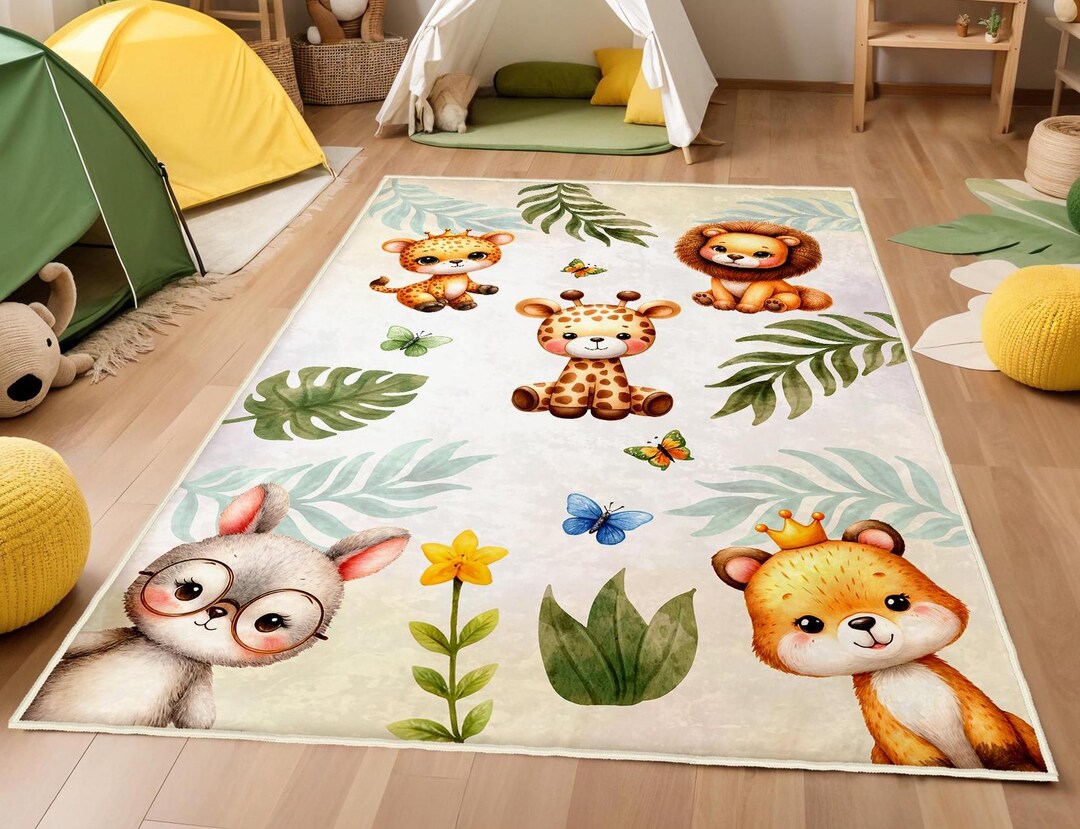 Cute Safari Themed Carpet With Car, Baby Gift, Area Rug, Toddler Rug ...