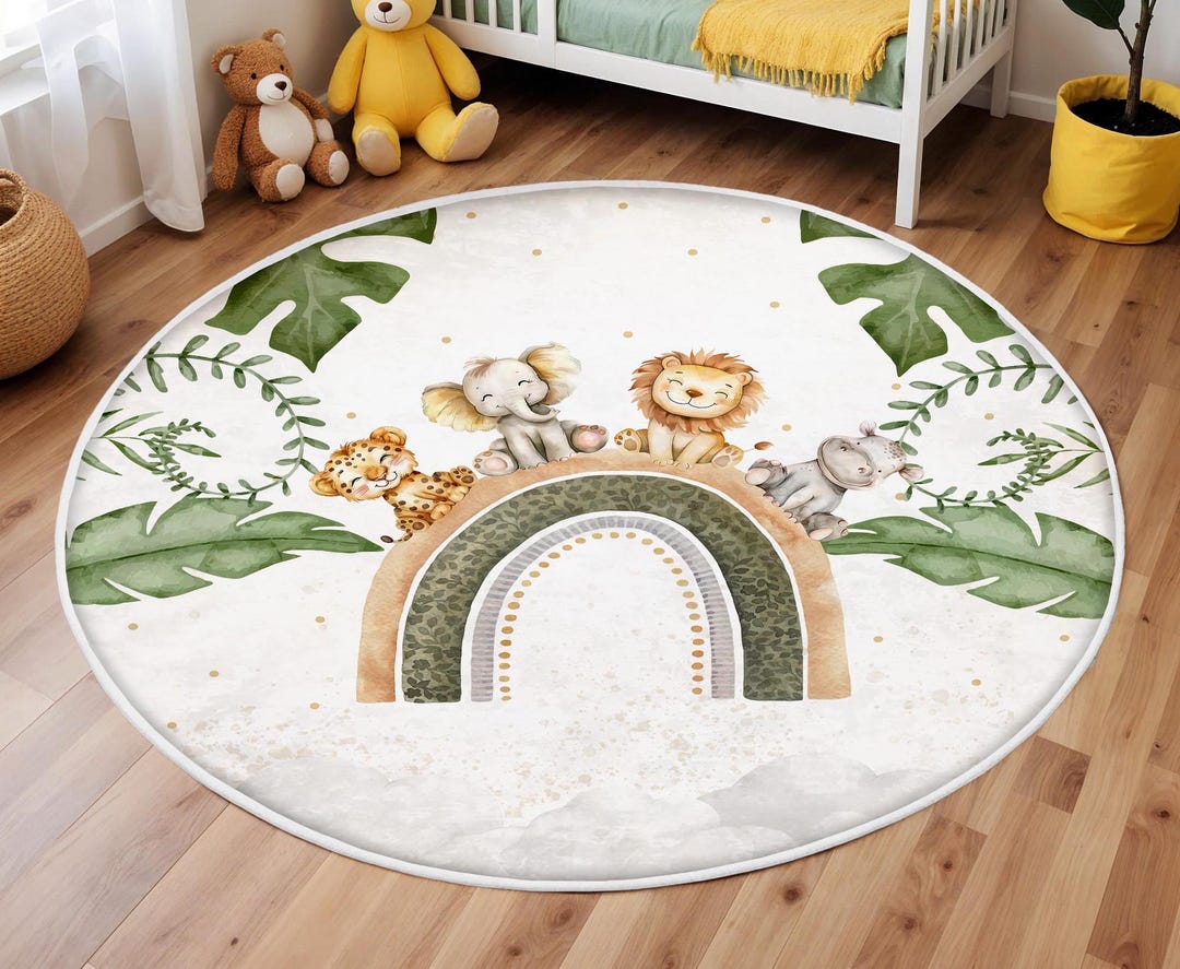 Safari Animal Rainbow Rug, Safari Animal Carpet, Toddler Rug, Washable ...