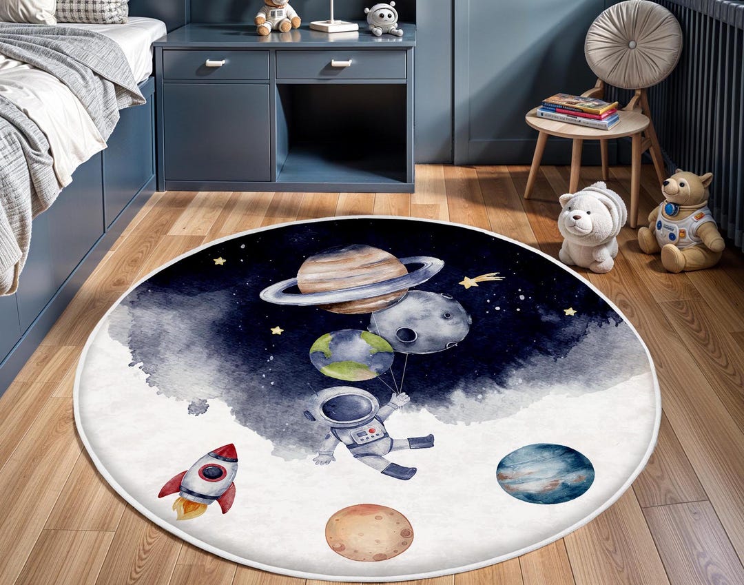 Astronauts Kids Room Rug, Baby Rug, Rocket Anti Slip Mat, Math Area ...