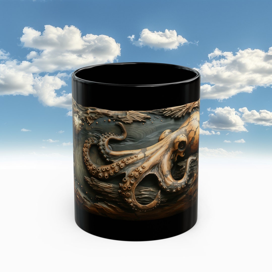 Scrimshaw Mug, Octopus Mug, Boho Wood Look, Ocean Coffee Mug, Vintage ...