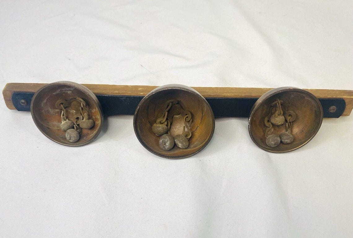 Vtg Antique Brass Carriage Sleigh Bells Triple Clapper on Metal Strap ...