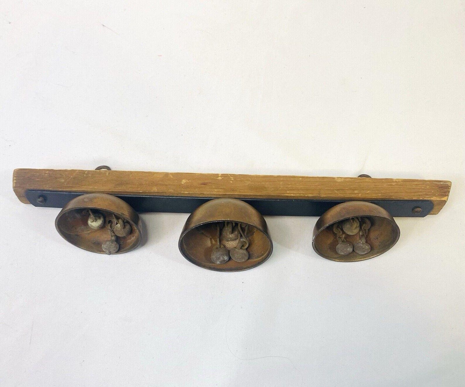 Vtg Antique Brass Carriage Sleigh Bells Triple Clapper on Metal Strap ...