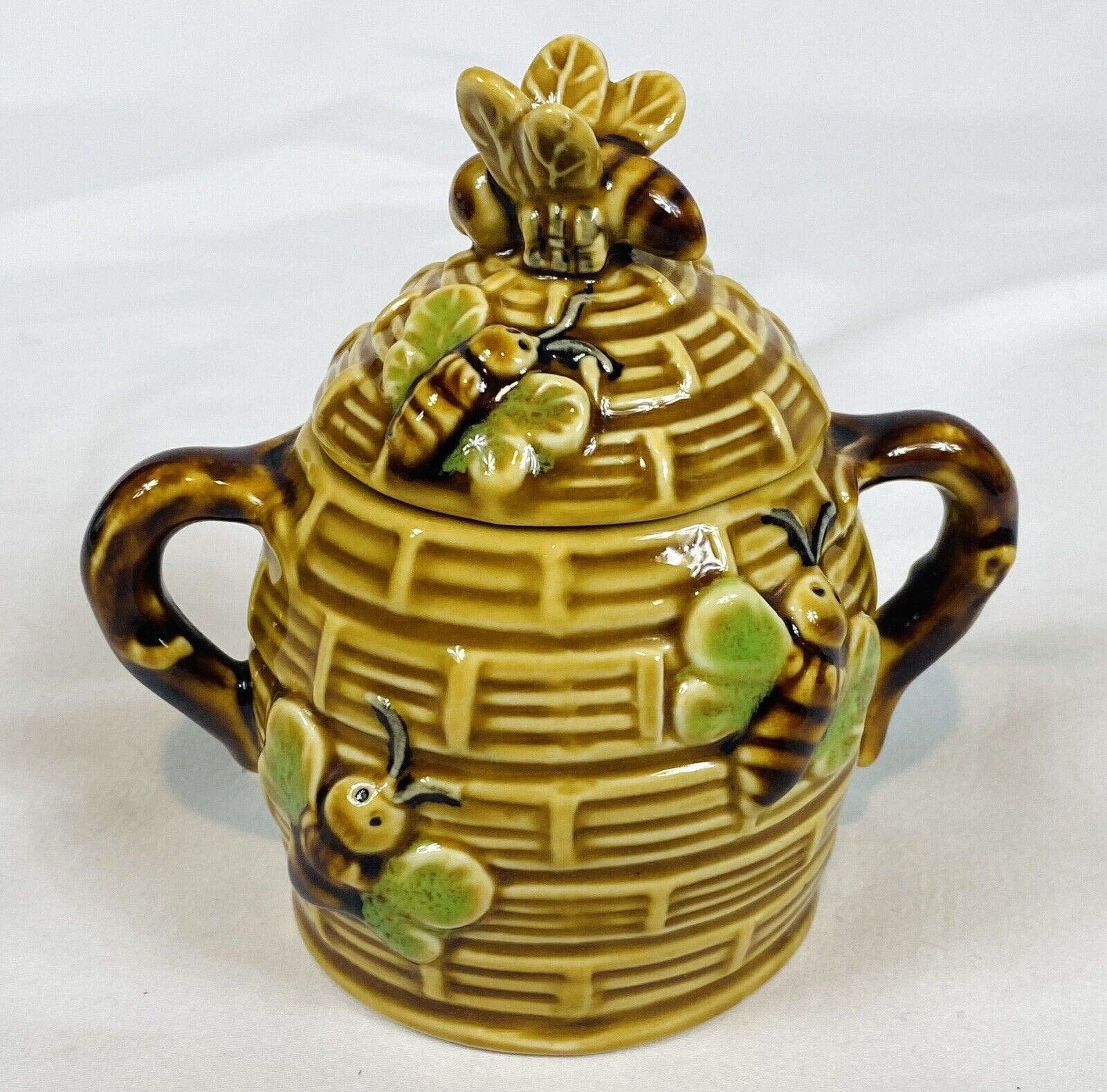 Vintage Honey Bee Hive Ceramic Sugar Creamer Jars & Tray Majolica Style ...