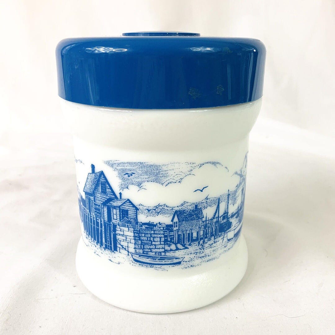 Vintage Milk Glass Seaside Boat Lighthouse Scene Tobacco Jar Canister W ...