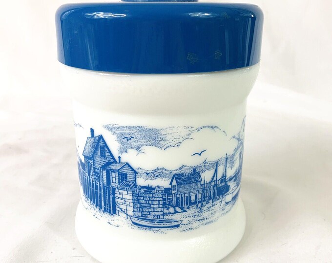 Vintage Milk Glass Seaside Boat Lighthouse Scene Tobacco Jar Canister W ...