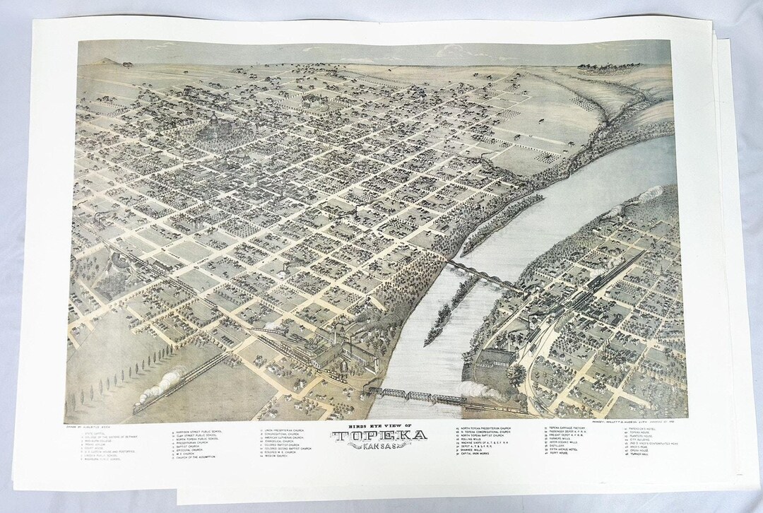Vtg Topeka, KS Illustrated Views of the First 33 Years Map Reproduction ...