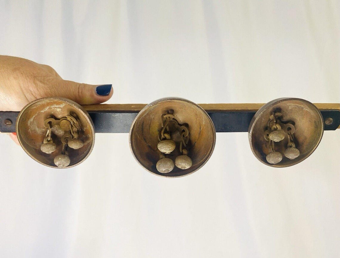 Vtg Antique Brass Carriage Sleigh Bells Triple Clapper on Metal Strap ...