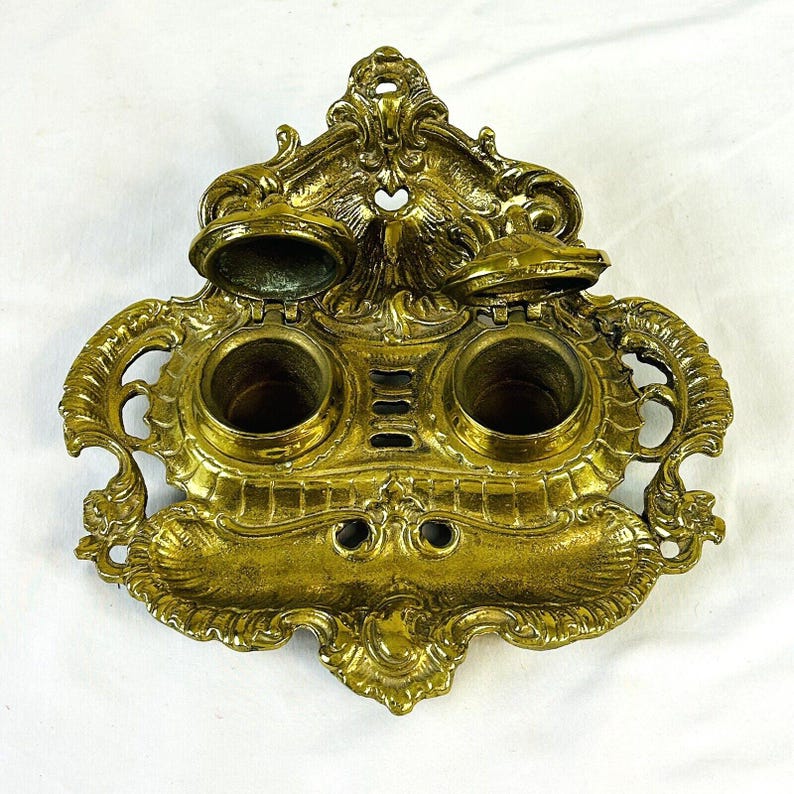 Antique Vtg Ornate Brass Double Inkwell W/ Pen Tray Art Nouveau - Etsy