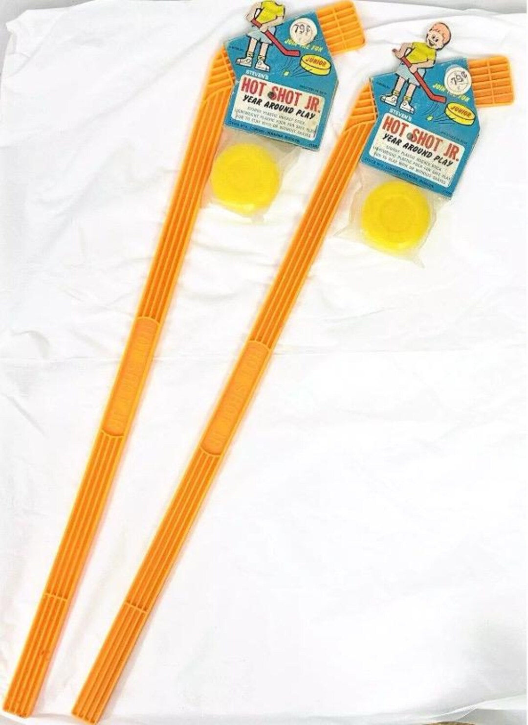 Vtg 1969 NOS Hard Plastic Child's Toy Hockey Sticks Pucks Steven's Hot ...