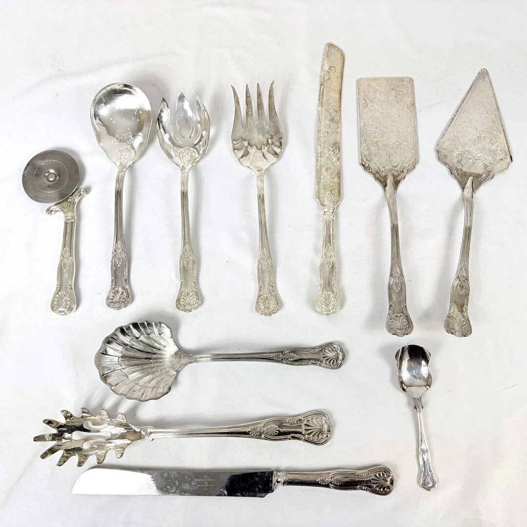 Vtg Sheffield Silver Plate Kings Server Utensil Set - 11 Ornate Serving ...