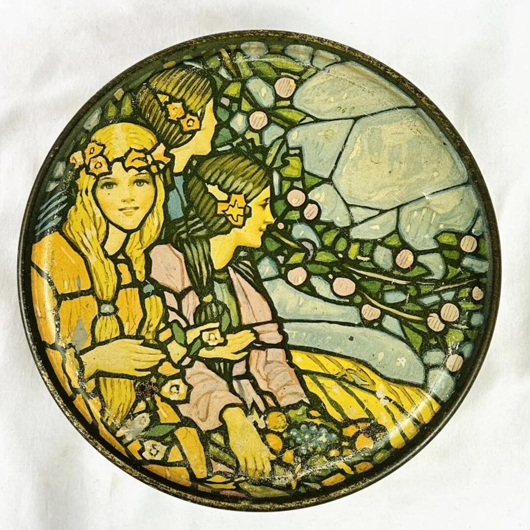 Vintage Canco Round Metal Tin Art Nouveau W/ 3 Women Girls Stained ...