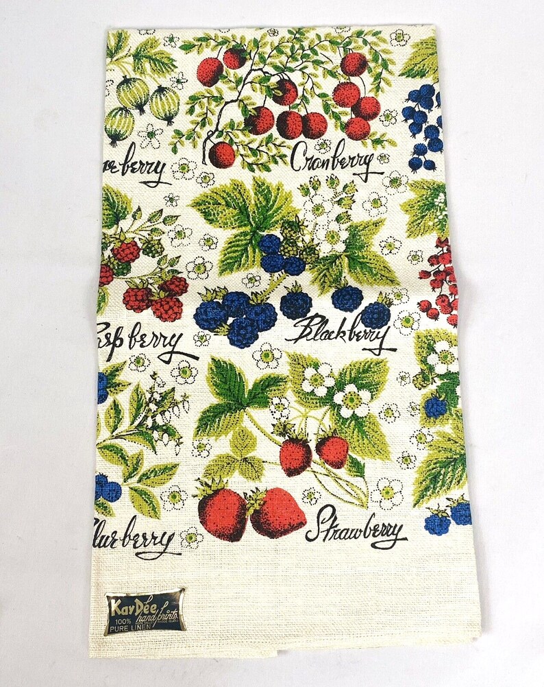 Vintage NOS Kay Dee Hand Prints Linen Strawberry Berries Fruits Print ...