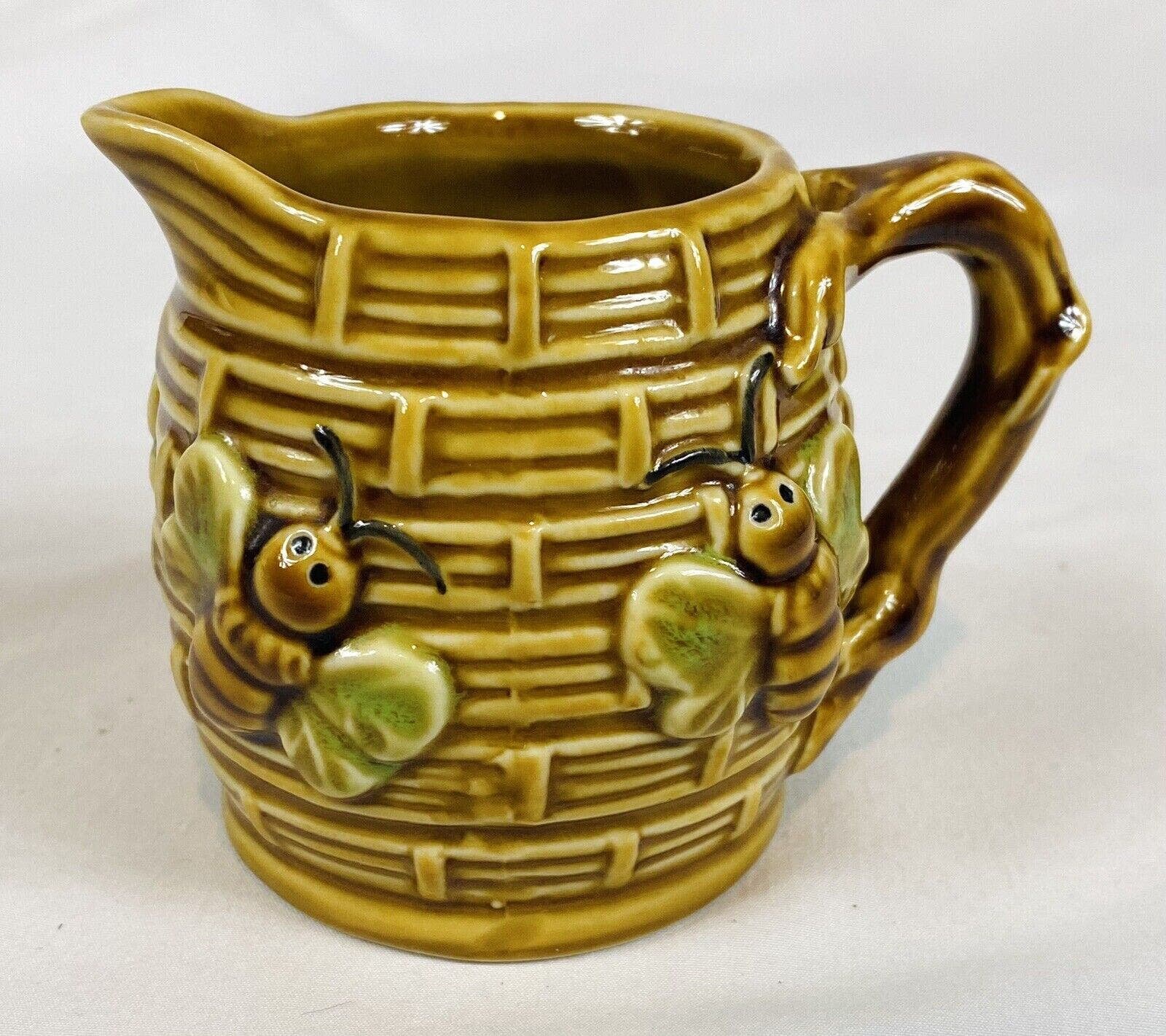 Vintage Honey Bee Hive Ceramic Sugar Creamer Jars & Tray Majolica Style ...