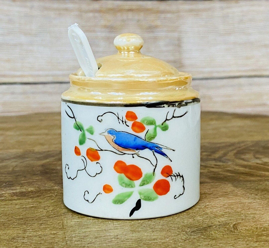 Vintage Lusterware Condiment Mustard Jar Pot Handpainted W/ Bird Japan ...