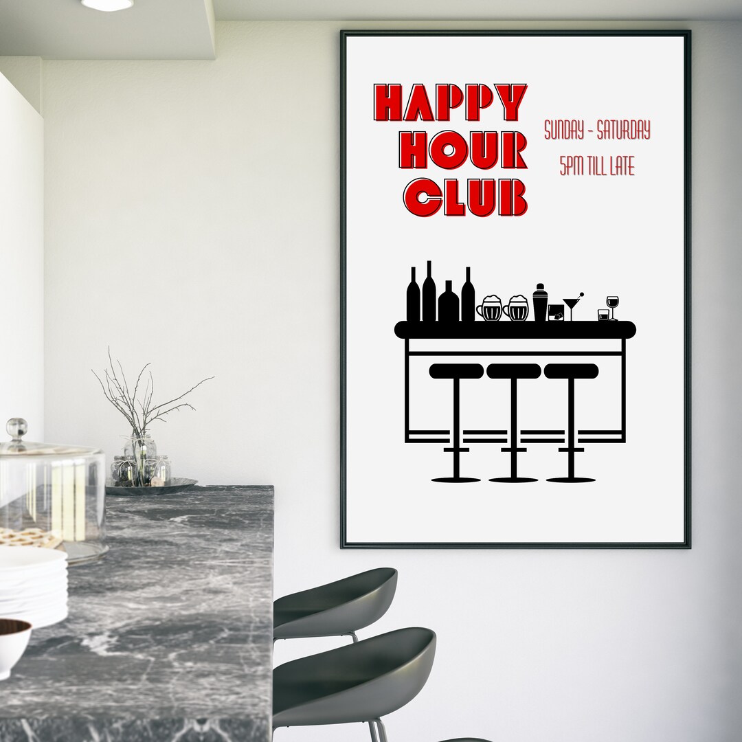 Happy Hour Club Poster, Retro Bar Cart Print, Trendy Cocktails Poster ...
