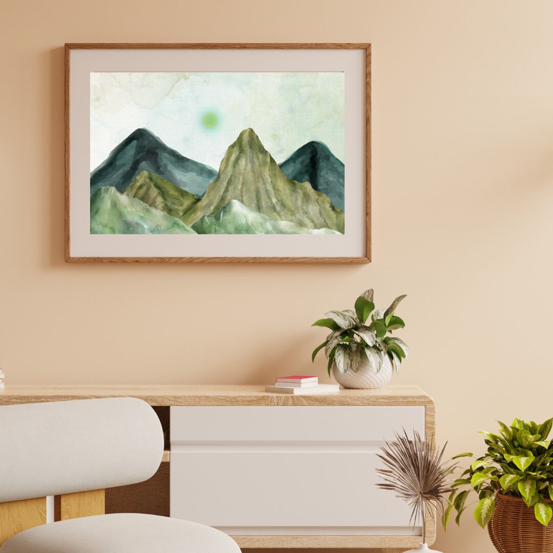 Sage Green Mountain Wall Art, Watercolor Mountain Landscape, Abstract Nature Printable, Modern ...