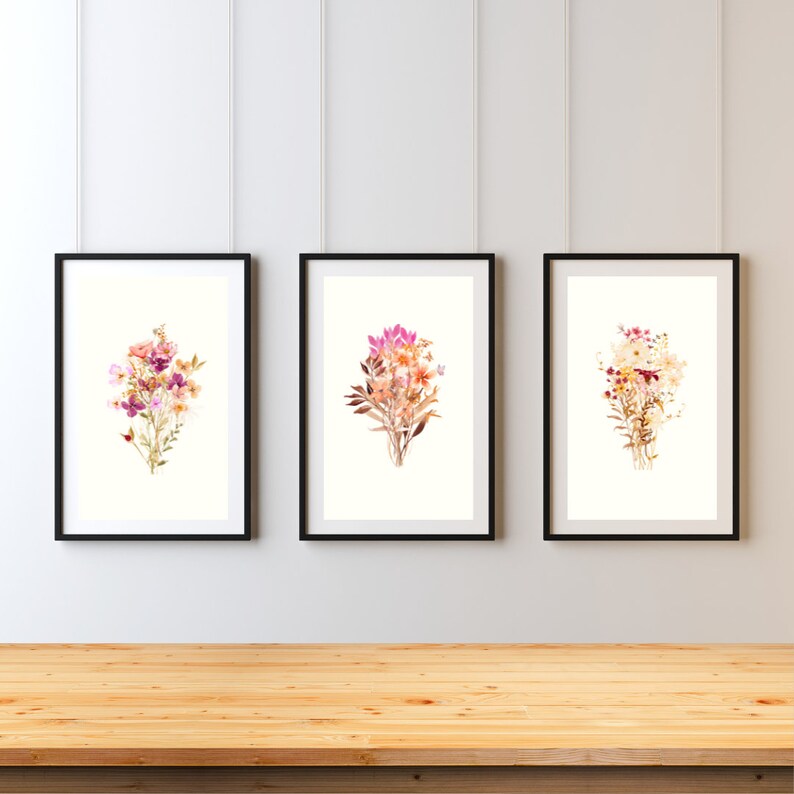 Neutral Wildflower Wall Art Set of 3, Boho Watercolor Floral Prints ...
