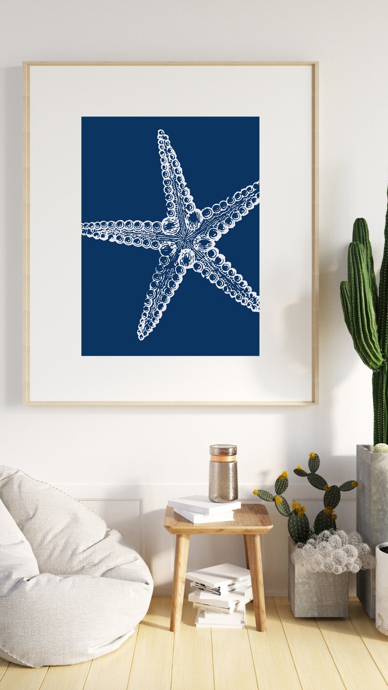 Beach Wall Art, Coastal Art, Navy Blue Prints, Ocean Theme Wall Art, Sea Shell Art, Coastal Home ...