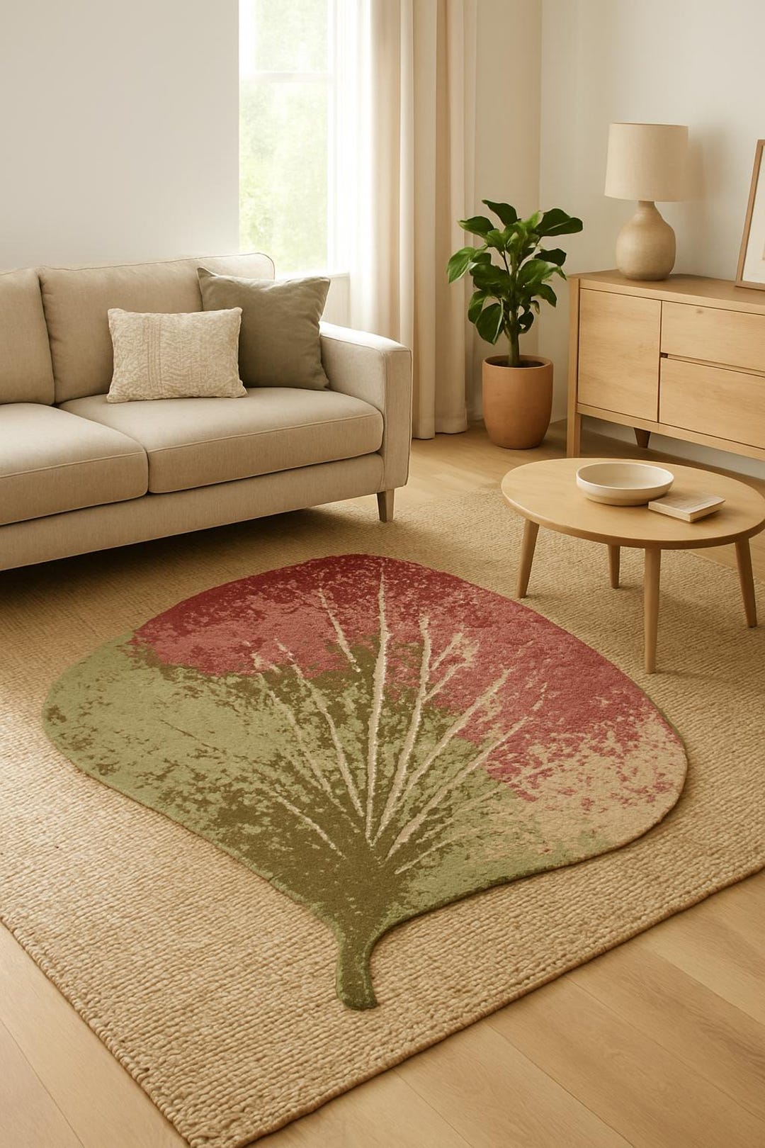 Leaf Shaped Rug | Nature Inspired Red & Green Area Carpet | Handmade ...