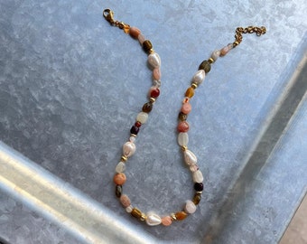 Colorful Mixed Bead Gemstone Necklace With Pearl, Indian Agate Stone ...