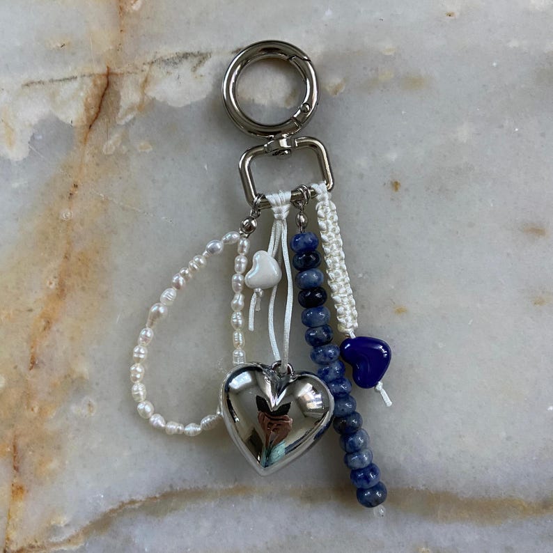 Gemstone Beaded Bag Charm: Pearl & Sodalite Keychain - Silver Accents ...