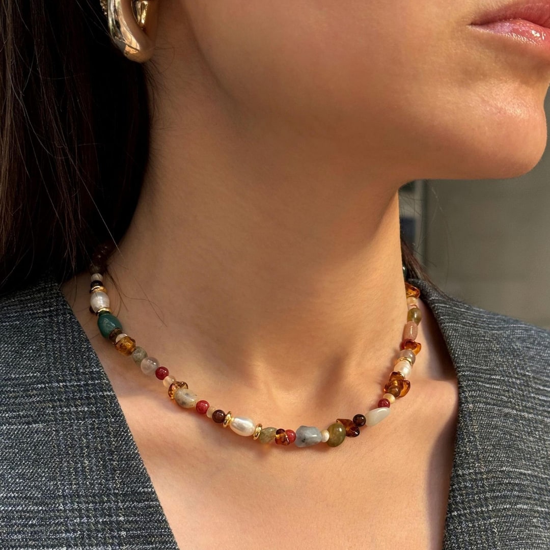 Colorful Mixed Bead Gemstone Necklace With Pearl, Indian Agate Stone ...