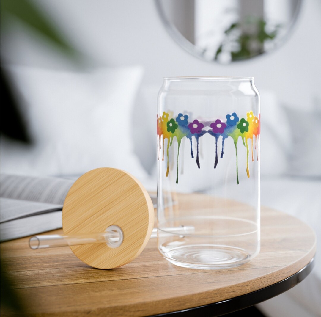 Melting Rainbow Sipper With Straw, Colorful Flower Glass, Multicolor ...