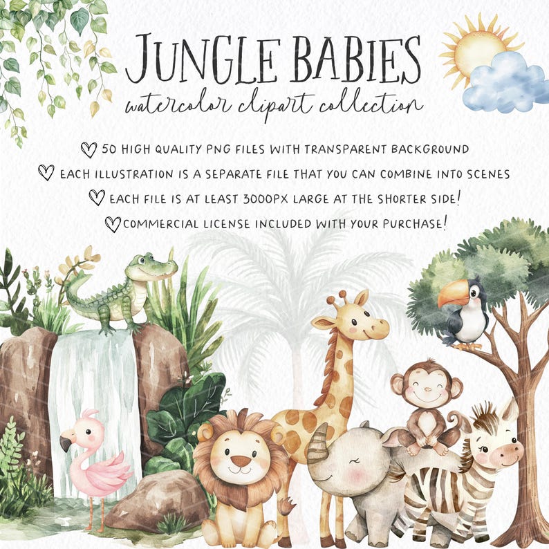 Watercolor Jungle Animals Clipart: Safari Nursery PNG (commercial ...