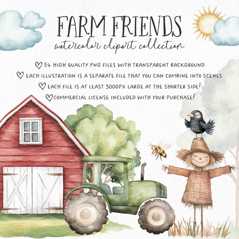 Watercolor Farm Clipart, Cute Farm Animals PNG, Barn, Tractor, Cow ...