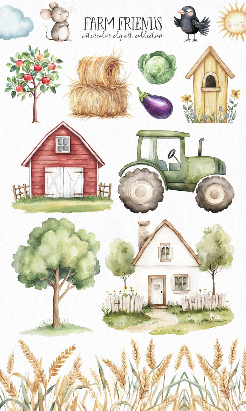 Watercolor Farm Clipart, Cute Farm Animals PNG, Barn, Tractor, Cow ...