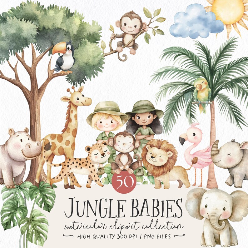 Watercolor Jungle Animals Clipart: Safari Nursery PNG (commercial ...