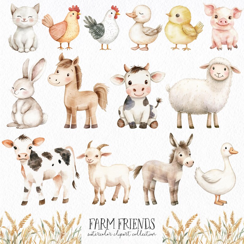 Watercolor Farm Clipart, Cute Farm Animals PNG, Barn, Tractor, Cow ...