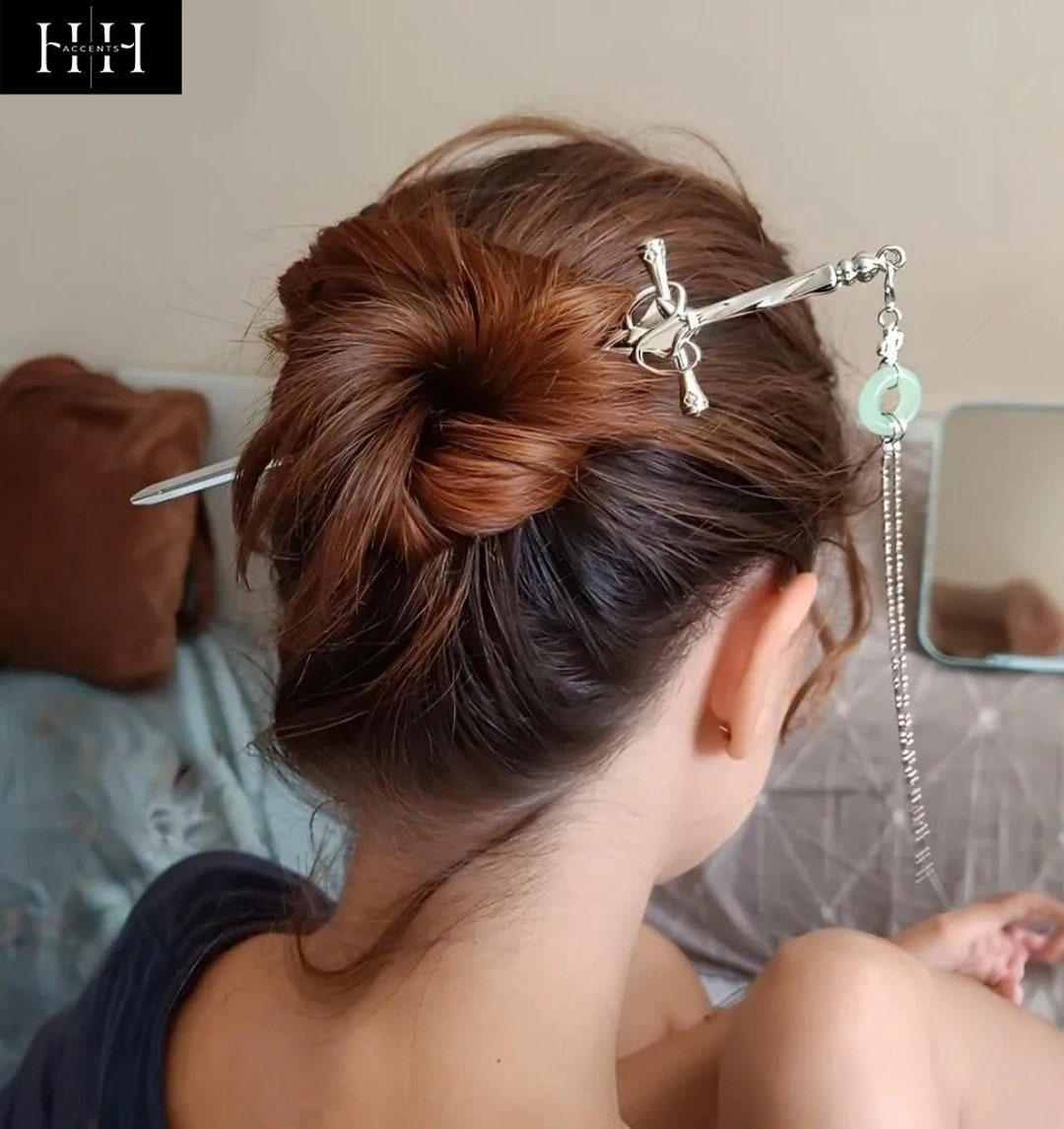 Elven Sword Hair Pin, Punk Tassel Hair Stick, Gothic Sword Bun Holder ...