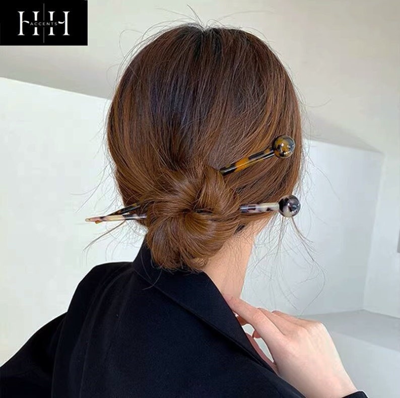 Long Marble Hair Stick, Tortoise Acetate Hair Pin, Minimalist Bun ...