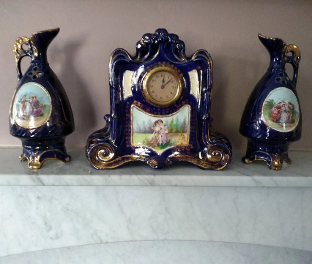 Josef Strnact Austrian Antique Mantel Clock & 2 Vases. Hand Painted ...