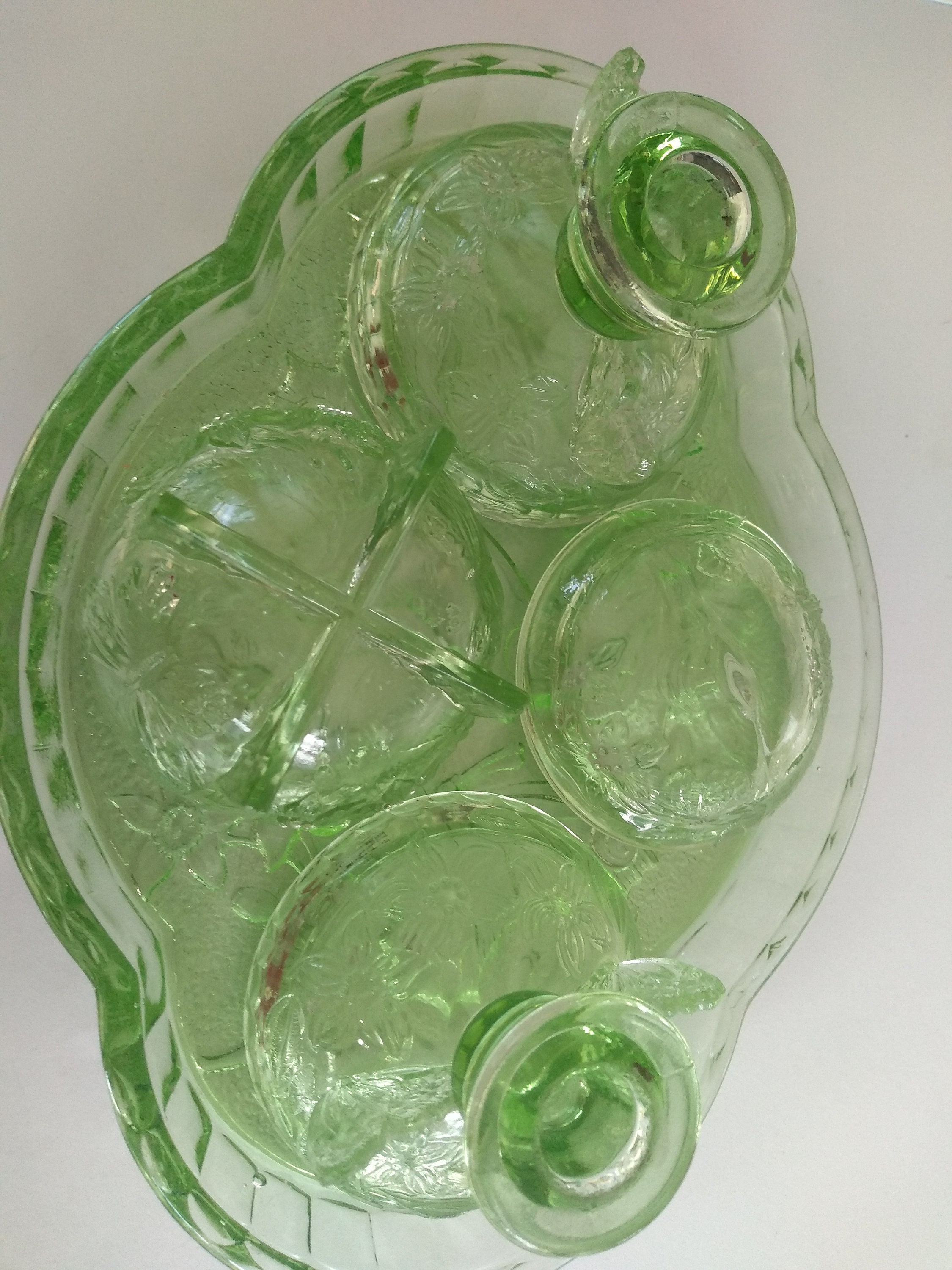 Vintage Green Glass Dressing Table Trinket Set Daffodil & Butterfly ...