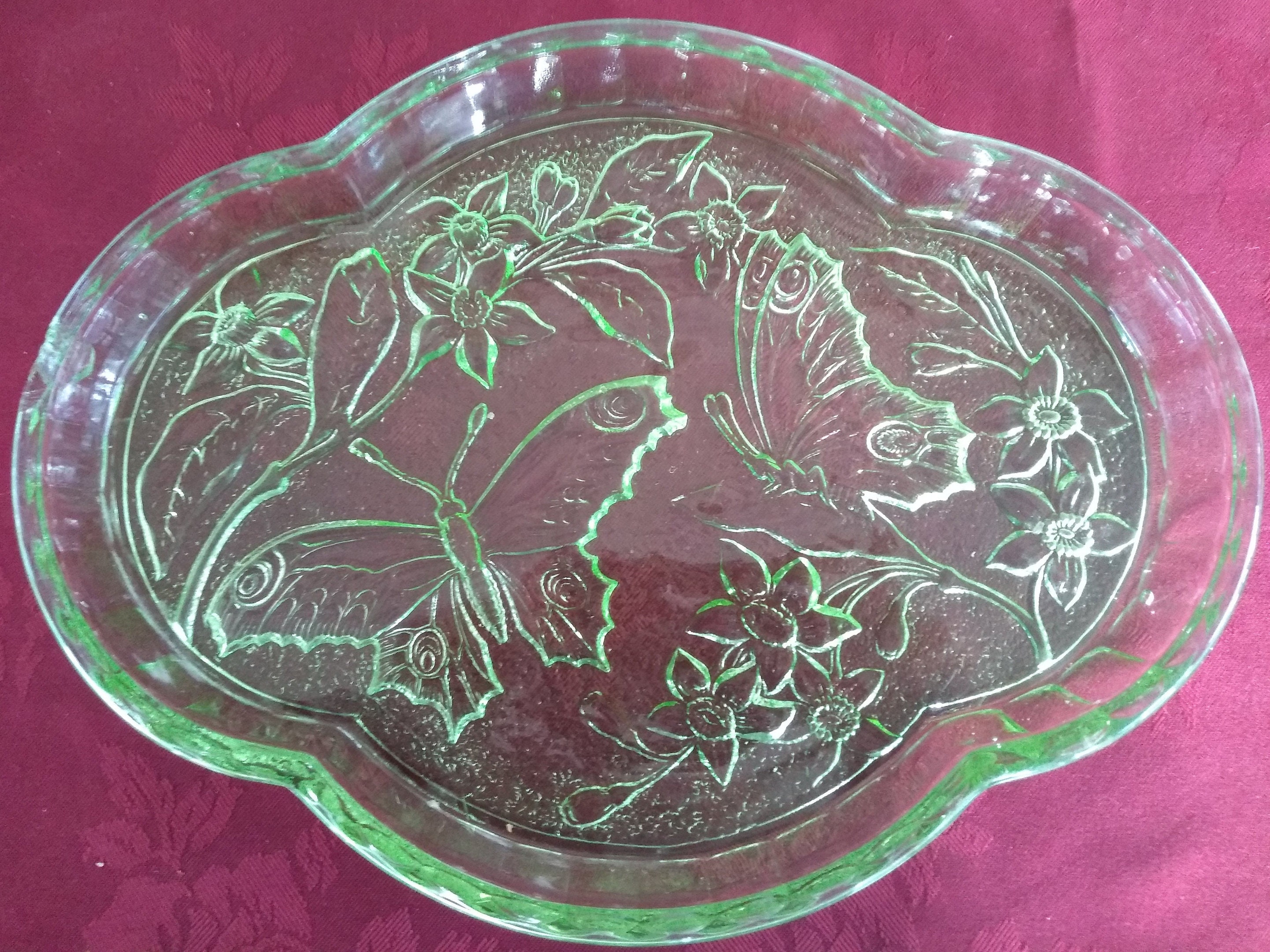 Vintage Green Glass Dressing Table Trinket Set Daffodil & Butterfly ...