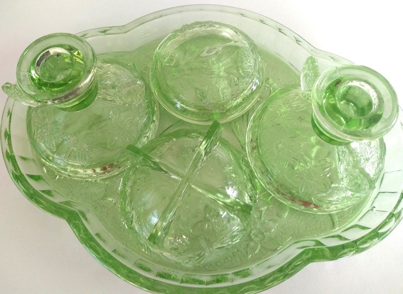 Vintage Green Glass Dressing Table Trinket Set Daffodil & Butterfly ...