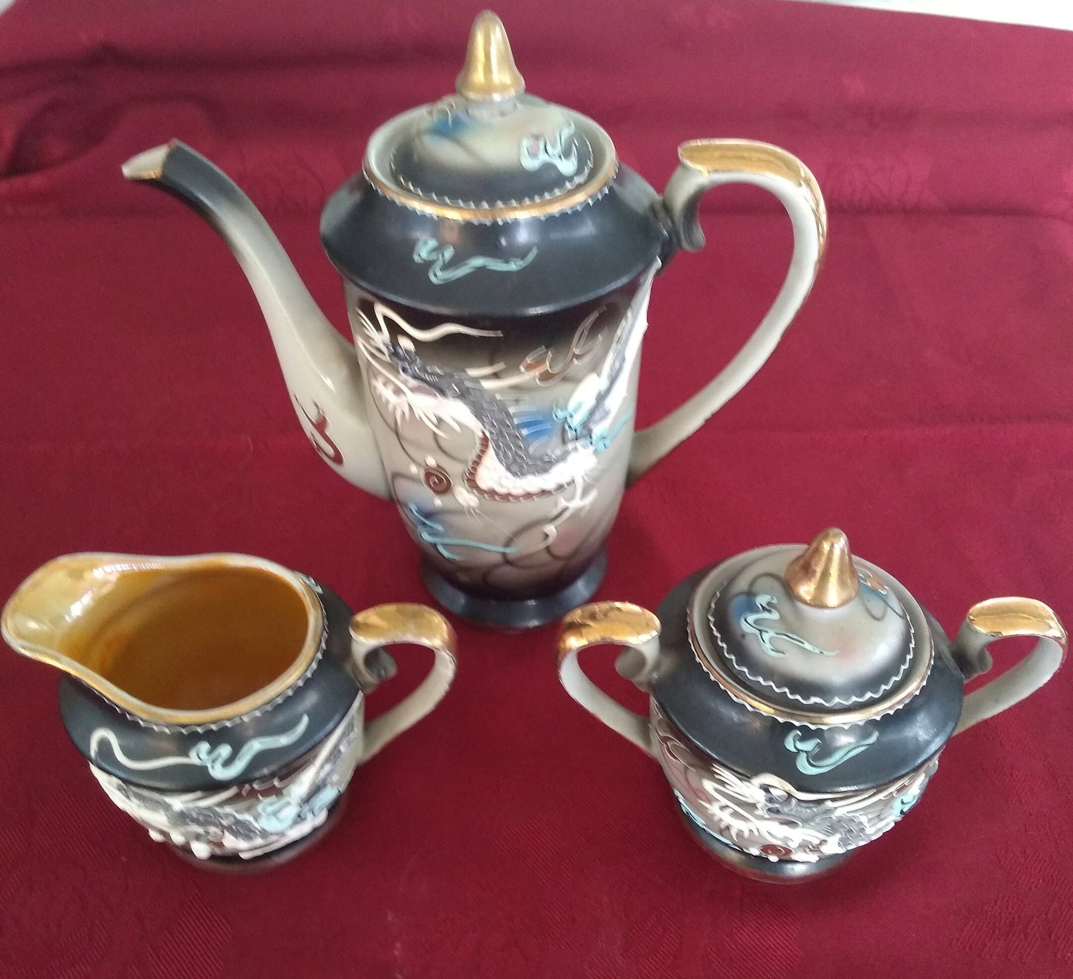 Vintage Japanese Dragonware Moriage Teaset. Beautiful 15 Piece Raised ...