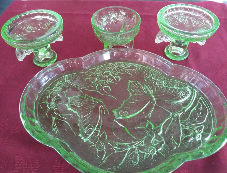 Vintage Green Glass Dressing Table Trinket Set Daffodil & Butterfly ...