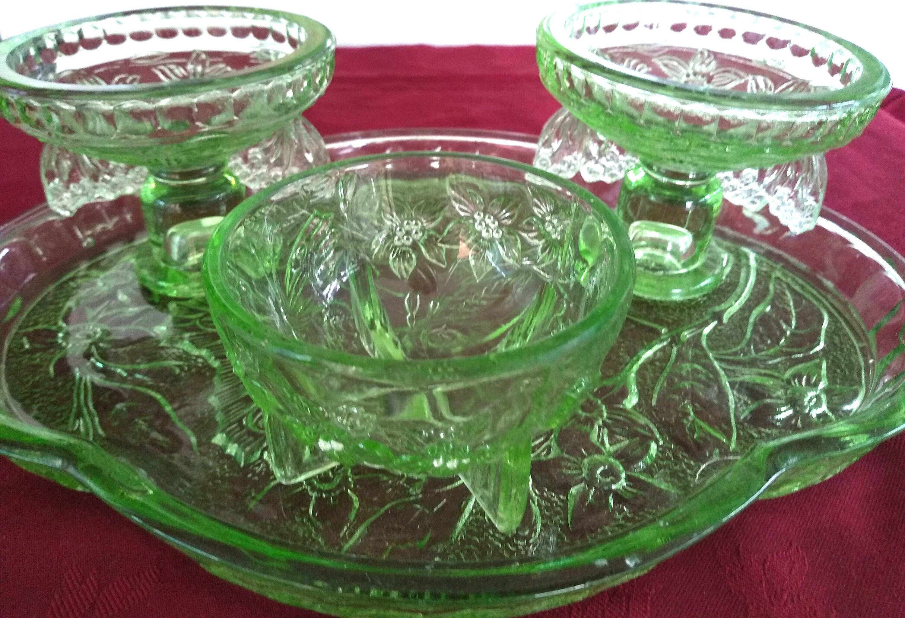 Vintage Green Glass Dressing Table Trinket Set Daffodil & Butterfly ...