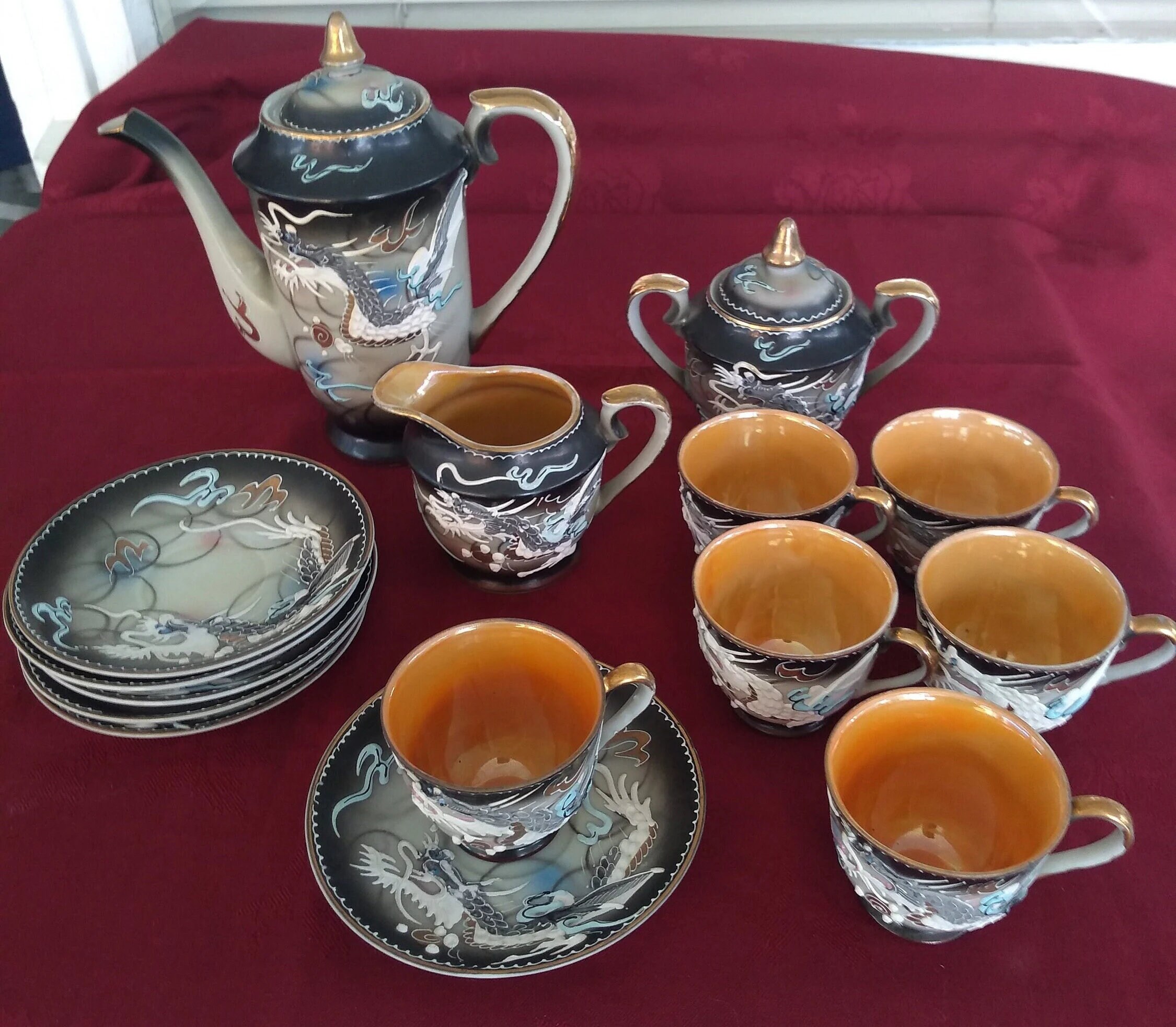 Vintage Japanese Dragonware Moriage Teaset. Beautiful 15 Piece Raised ...