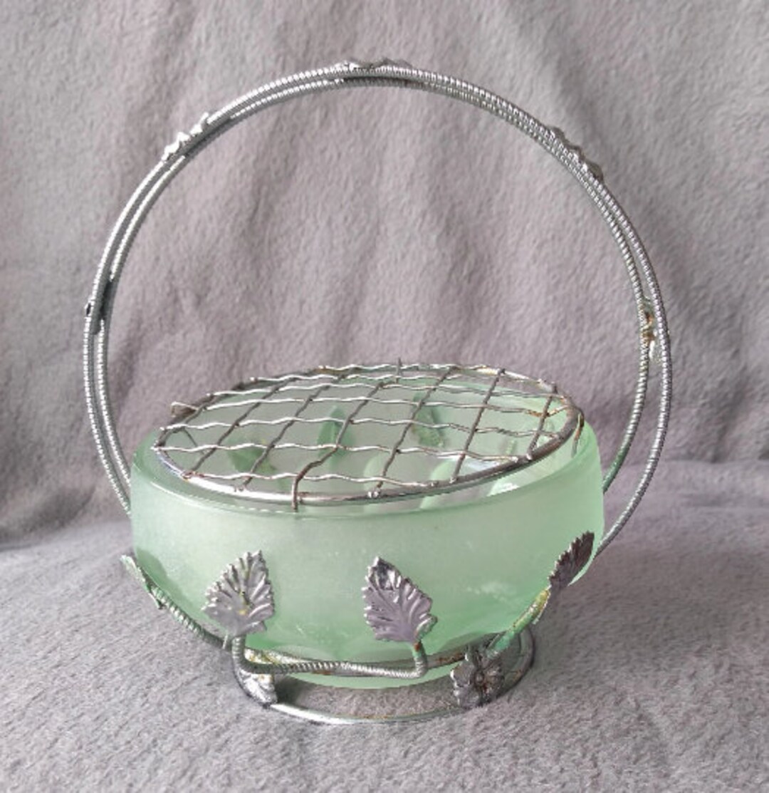 Vintage Green Glass Dressing Table Trinket Set Daffodil & Butterfly ...