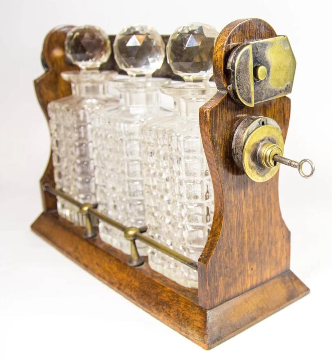 Antique Tantalus. Oak and Brass Cabinet With Three Crystal Glass ...