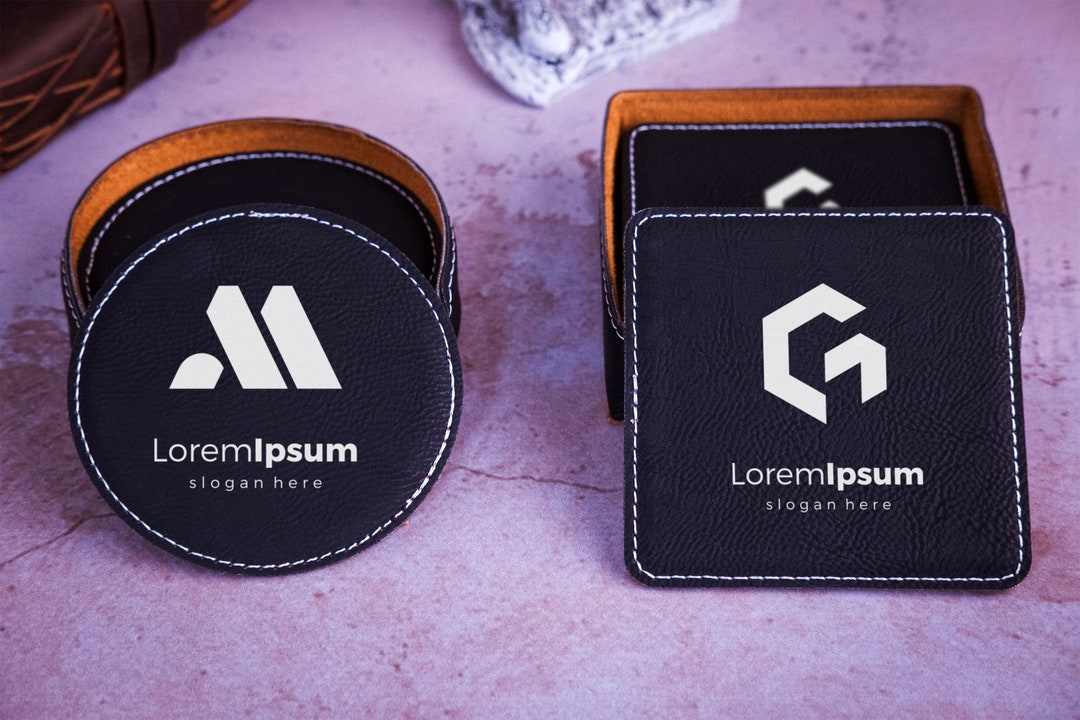 Company Logo Engraved Coaster Set, Personalized Leather Coasters ...