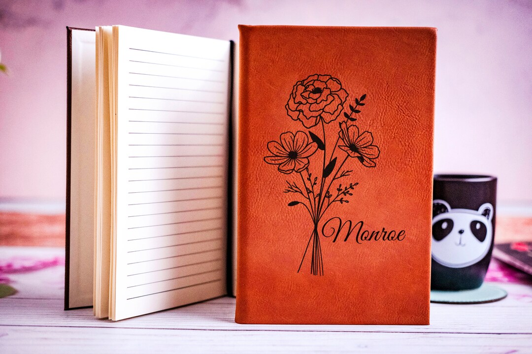 Customized Birth Flower Engraved Journal, Personalized Leather Journal ...