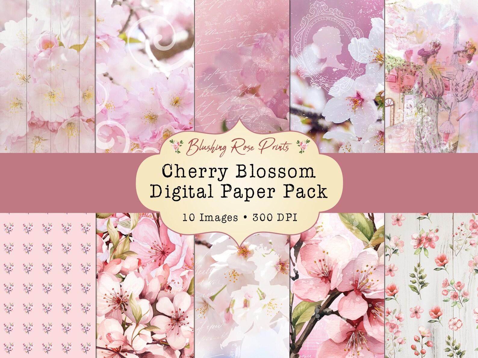 Cherry Blossom Digital Paper Pack - Junk Journal Pages - Vintage Themed ...