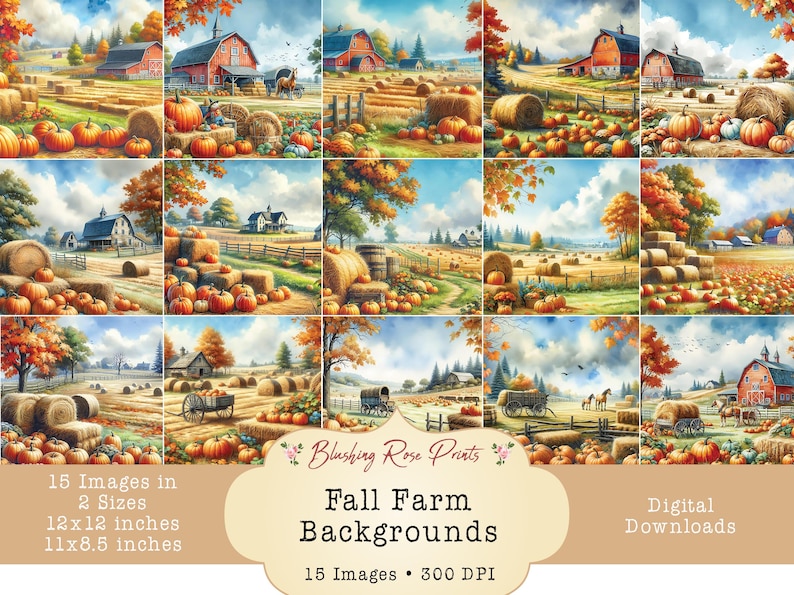 Fall Farm Backgrounds | Digital Paper | Autumn | Farm Scene | Pumpkins ...