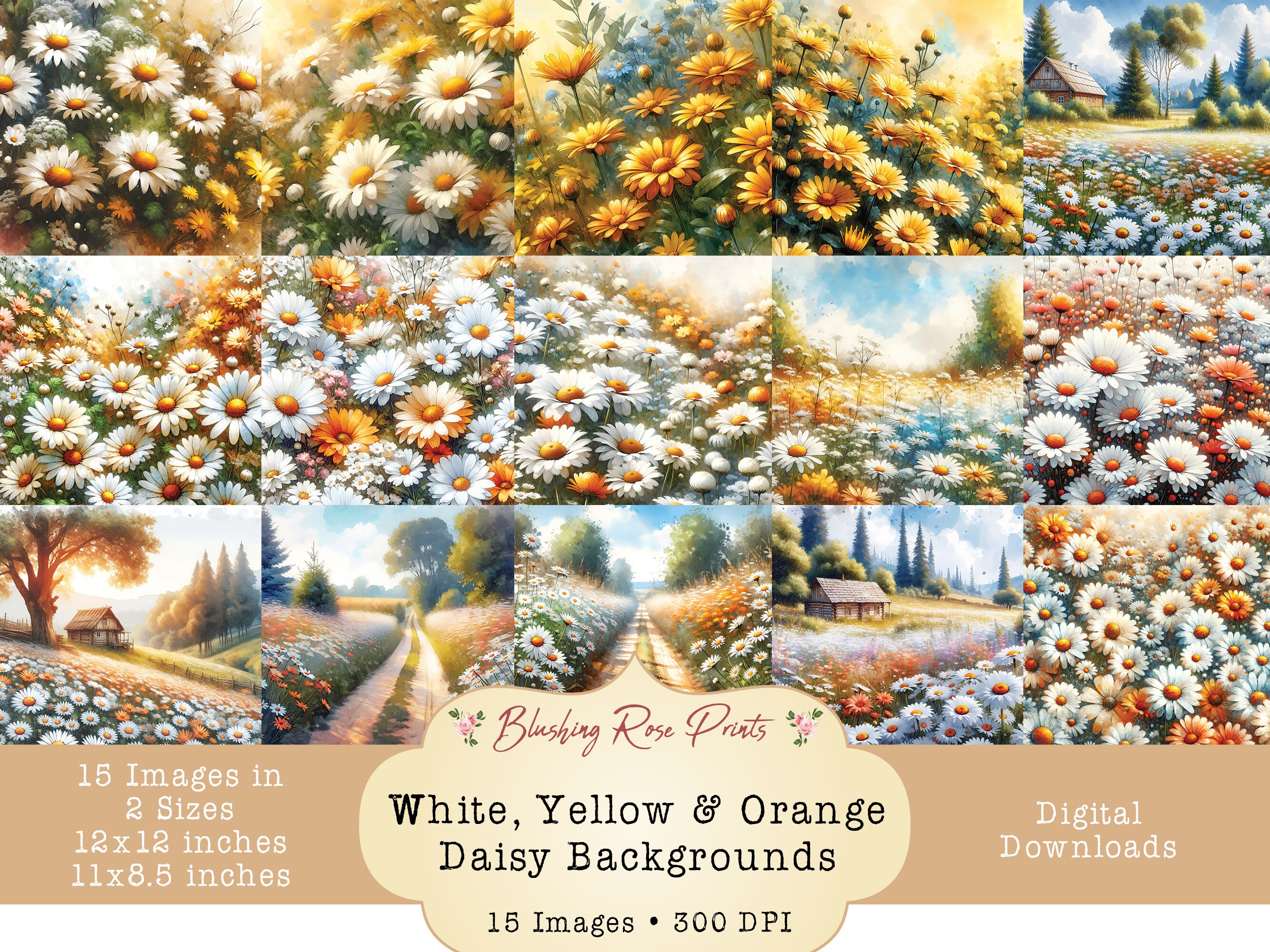 Daisy Backgrounds Digital Paper White Daisies Yellow Daisies Orange ...